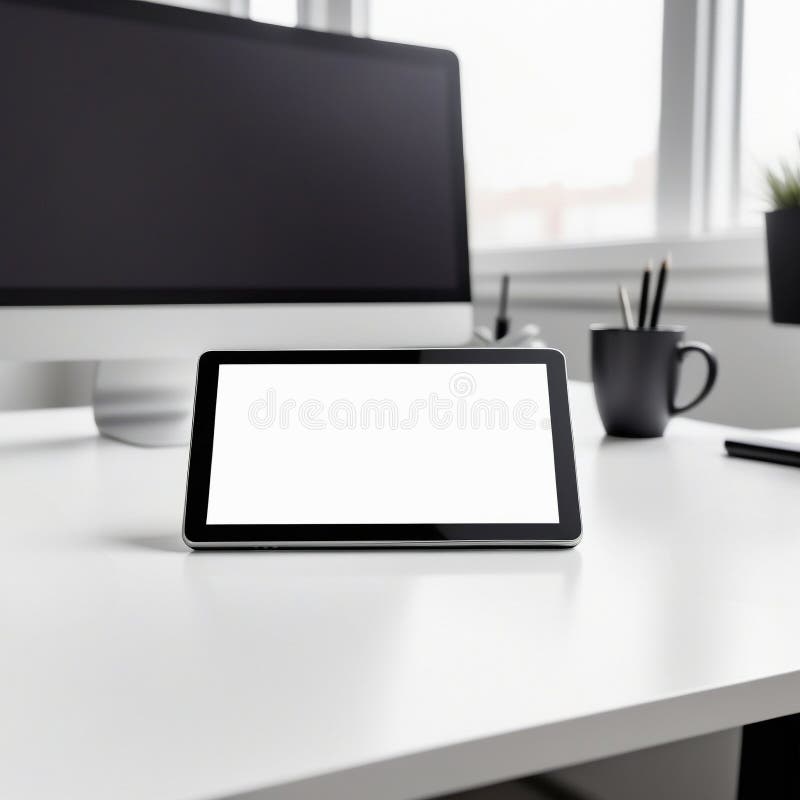 Tablet with a Blank White Screen Sits on a White Desk. Stock ...