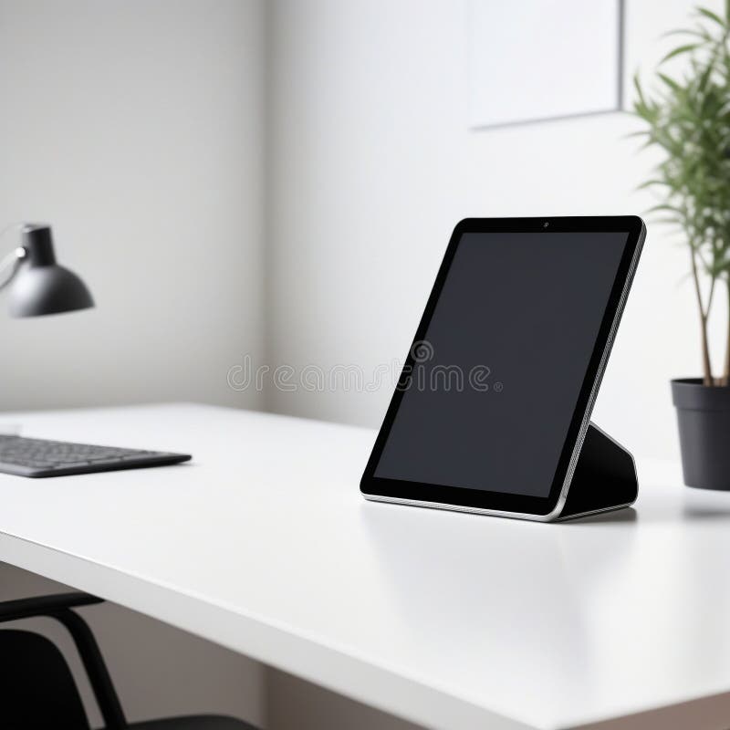 Tablet with a Blank White Screen Sits on a White Desk. Stock ...