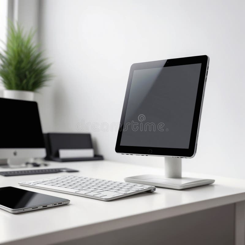 Tablet with a Blank White Screen Sits on a White Desk. Stock ...