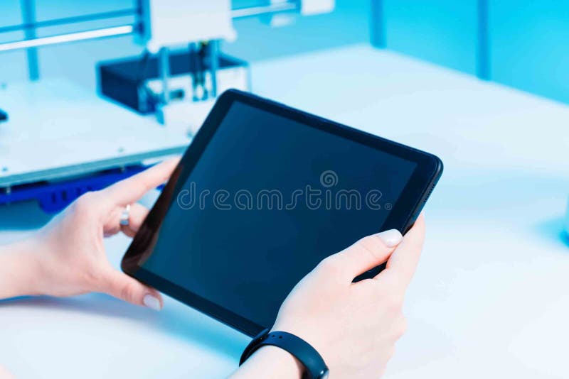 Tablet with Blue Screen in Modern Technology Laboratory Stock Photo ...