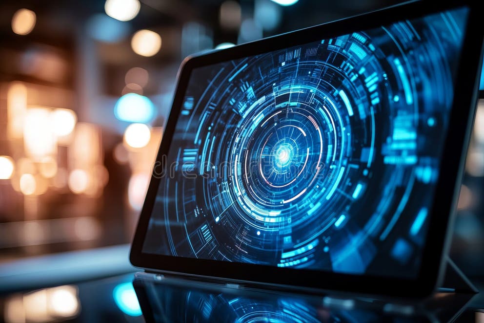 A Tablet with a Blue Screen Showing a Circle with a Light in the Middle ...