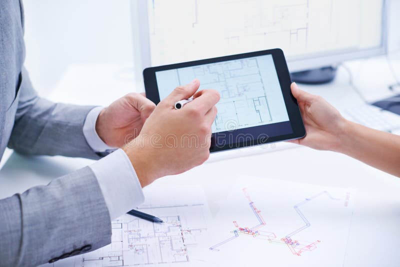 Tablet, Blueprint Screen or Hands of Designers Planning in Meeting for ...