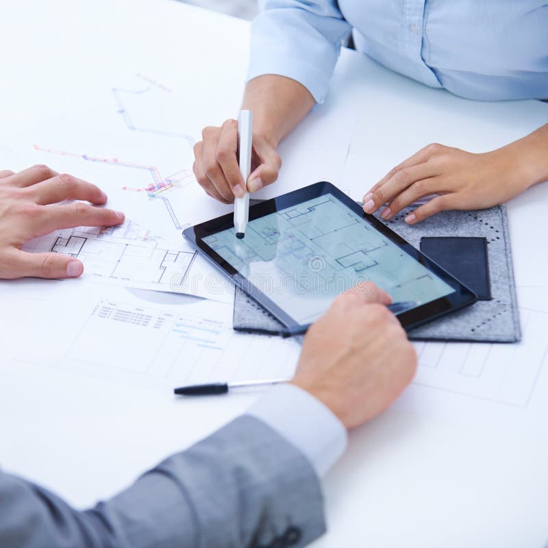 Tablet, Blueprint Screen or Hands of People in Meeting for Planning or ...