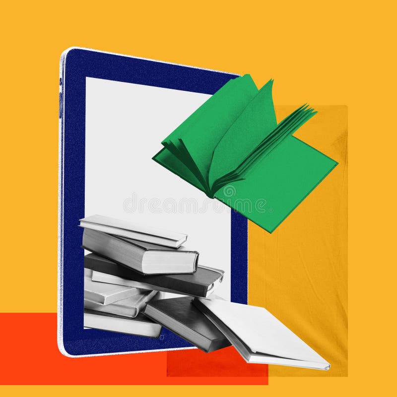 Tablet with Books Falling Out Screen. Contemporary Art Collage Stock ...