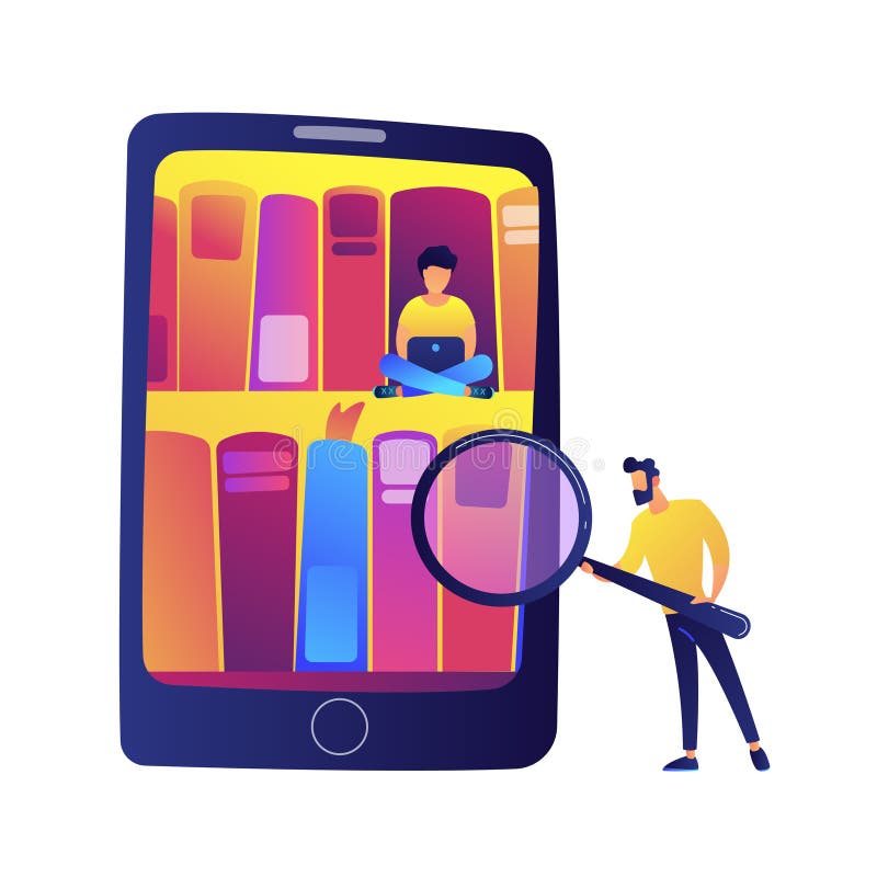 Tablet with Bookshelves and Students Using E-library Vector ...