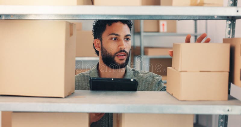 Tablet, Box and Inspection with Man in Warehouse for Storage, Logistics ...
