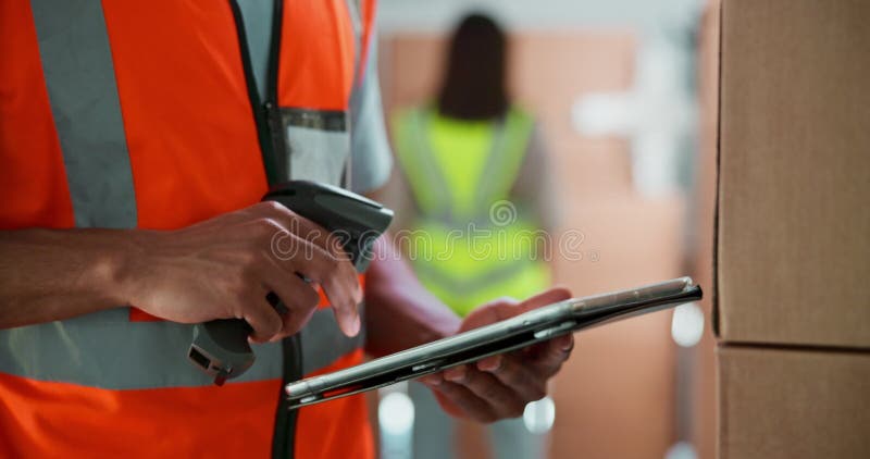 Tablet, Boxes and Hands of Man with Scanner for Logistics, Inspection ...