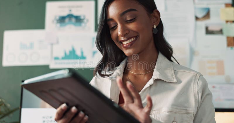 Tablet, Business and Happy Indian Woman Research at Creative Startup in ...