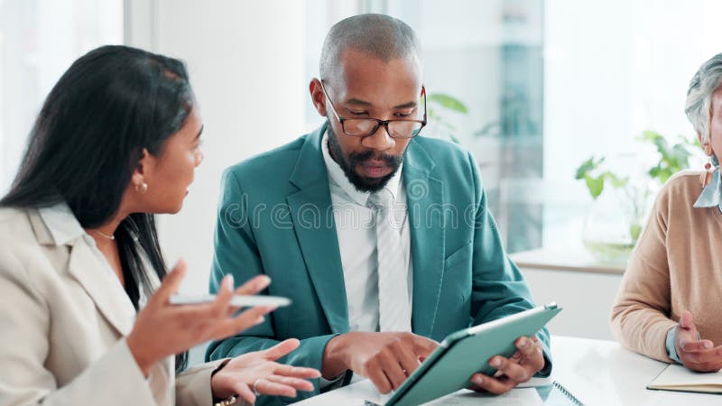 Tablet, Business People and Group Discussion for Training, Coaching and ...