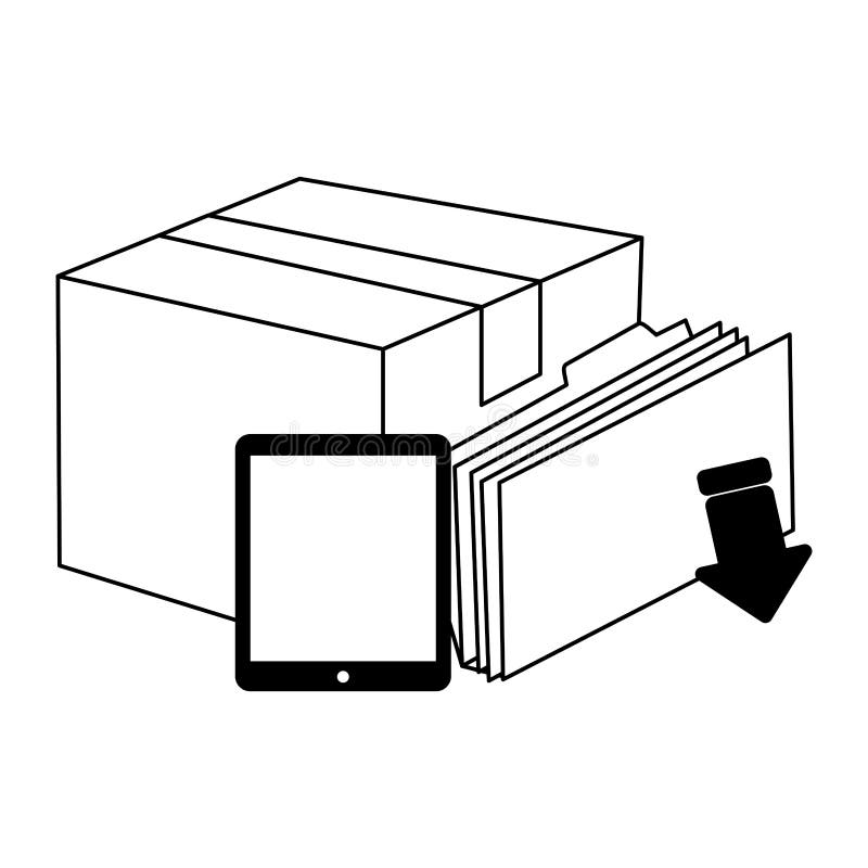 Tablet Cardboard Box and Folder Downloading Files Black and White Stock ...