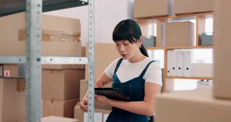 Tablet, Cargo and Woman in Warehouse by Boxes with Online Inventory, Checklist or Order. Digital ...