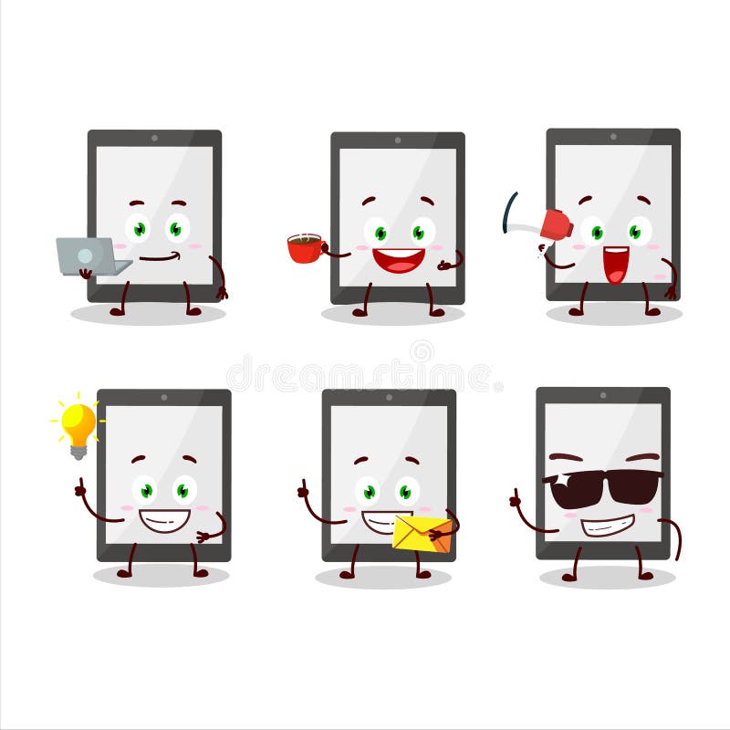Tablet Cartoon Character with Various Types of Business Emoticons Stock ...