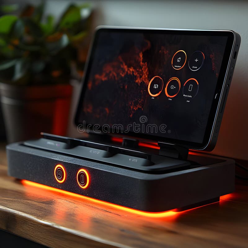 Tablet on Charging Stand with Orange Light - Technology Illustration ...