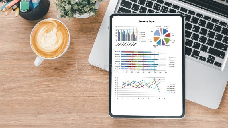 Tablet with Charts and Reports on Office Desk Workplace. Stock Image ...