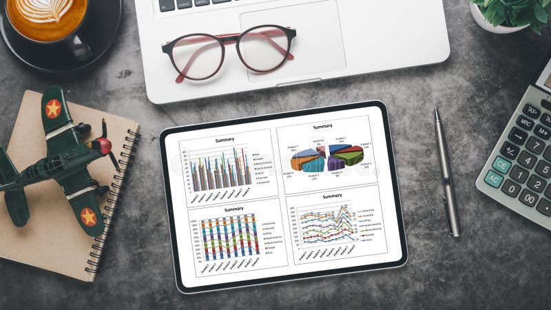 Tablet with Charts and Reports on Office Desk Workplace. Stock Image ...