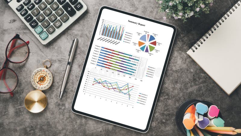 Tablet with Charts and Reports on Office Desk Workplace. Stock Image ...