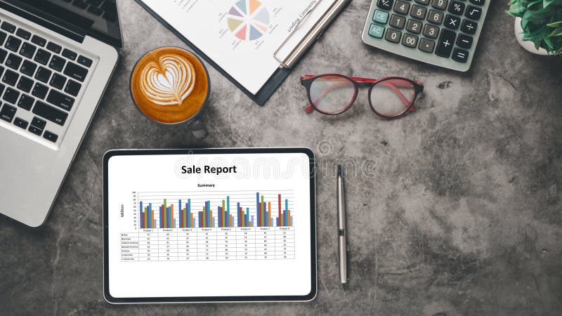 Tablet with Charts and Reports on Office Desk Workplace. Stock Image ...