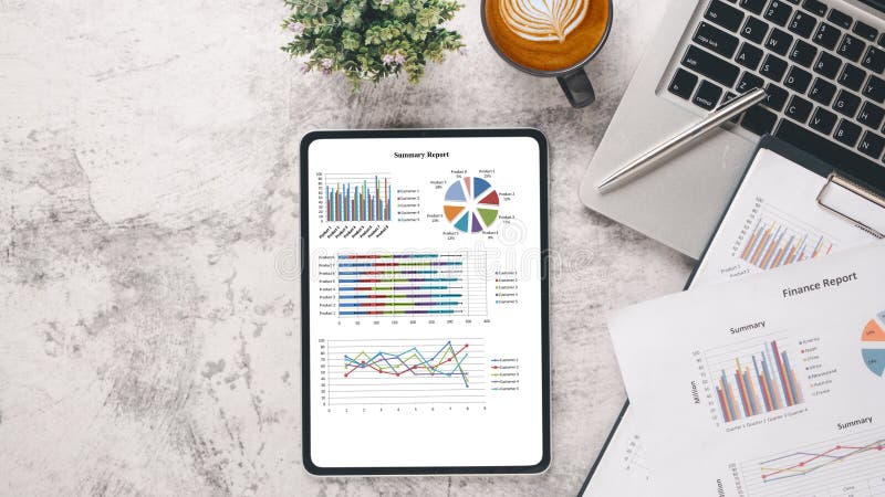Tablet with Charts and Reports on Office Desk Workplace. Stock Photo ...