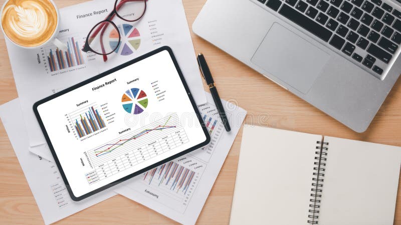 Tablet with Charts and Reports on Office Desk Workplace. Stock Photo ...