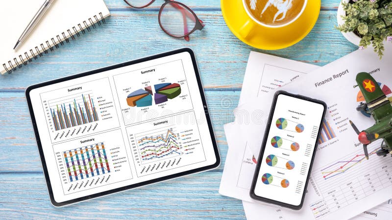 Tablet with Charts and Reports on Office Desk Workplace. Stock Image ...