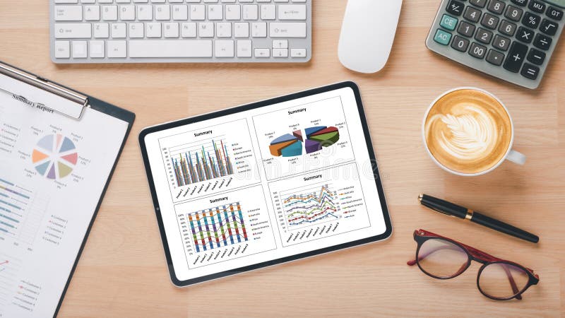 Tablet with Charts and Reports on Office Desk Workplace. Stock Image ...