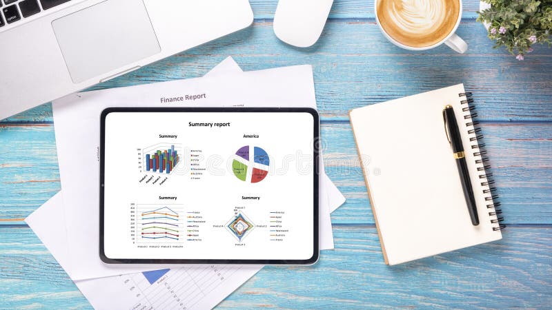 Tablet with Charts and Reports on Office Desk Workplace. Stock Photo ...
