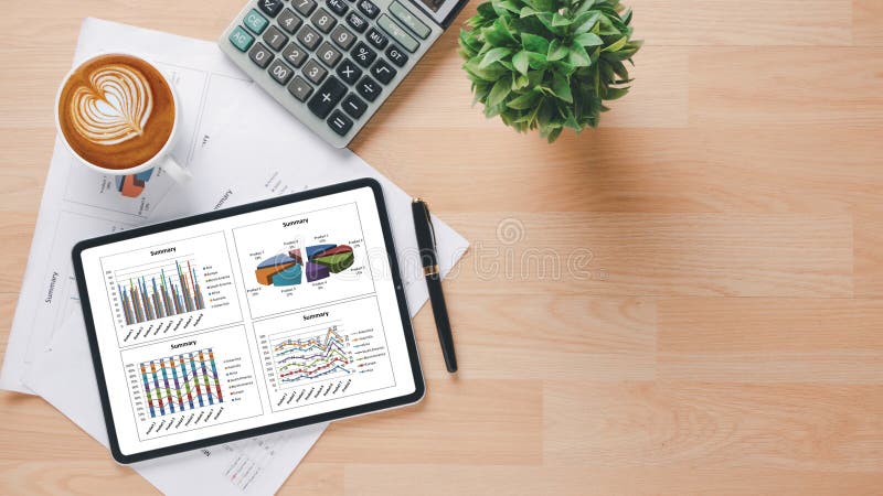 Tablet with Charts and Reports on Office Desk Workplace. Stock Image ...
