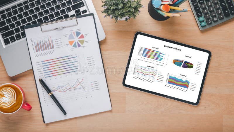 Tablet with Charts and Reports on Office Desk Workplace. Stock Photo ...