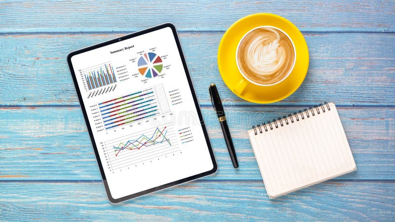 Tablet with Charts and Reports on Office Desk Workplace Stock Photo ...