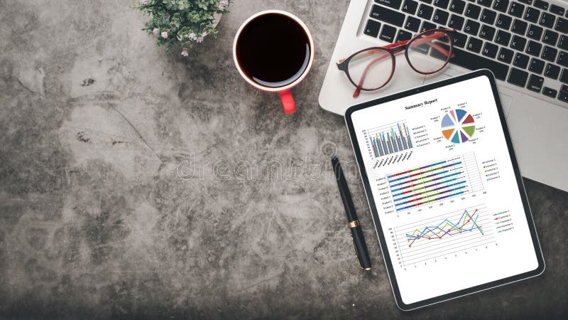 Tablet with Charts and Reports on Office Desk Workplace. Stock Image ...