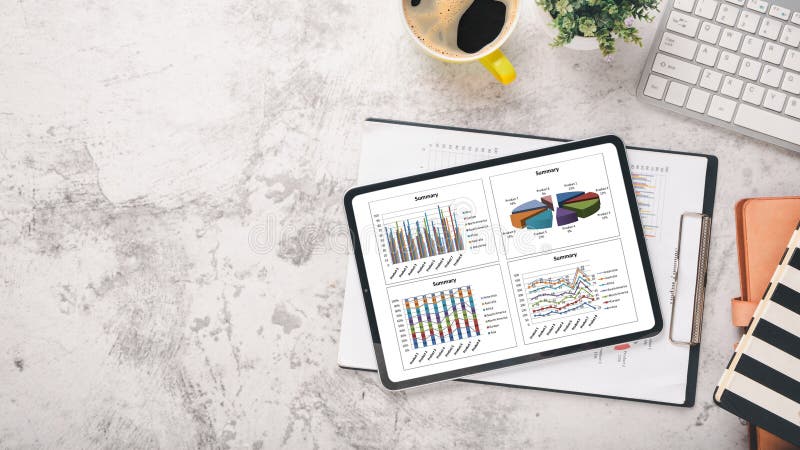 Tablet with Charts and Reports on Office Desk Workplace. Stock Image ...