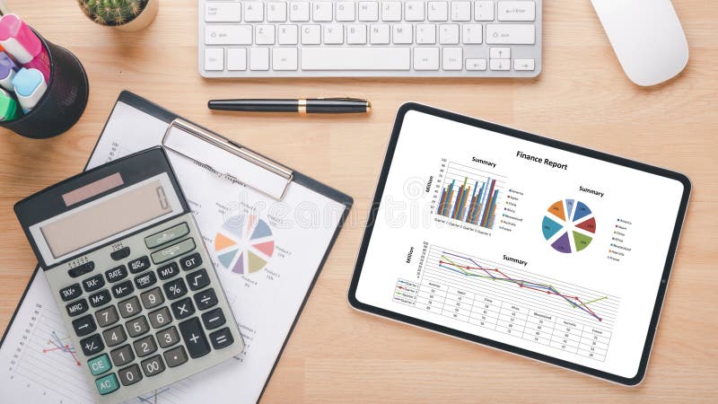 Tablet with Charts and Reports on Wooden Desk Workplace Stock Photo ...