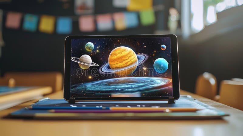 Tablet on Classroom Desk Displays an Augmented Reality Hologram with ...