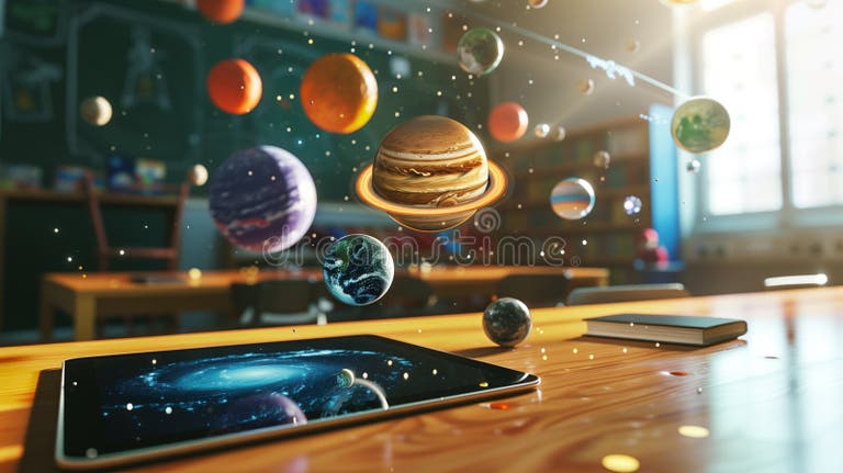 A Tablet on a Classroom Desk Displays an Augmented Reality Solar System ...