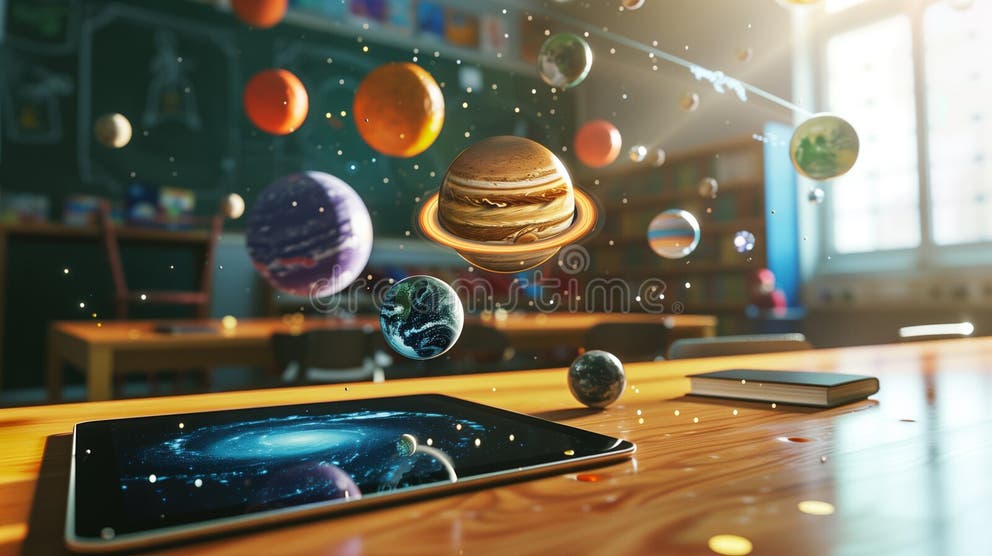 A Tablet on a Classroom Desk Displays an Augmented Reality Solar System, Where Planets Float Mid ...