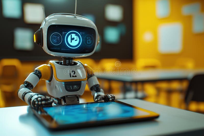 Tablet on a Classroom Desk and Futuristic Android Robot. Generative Ai ...