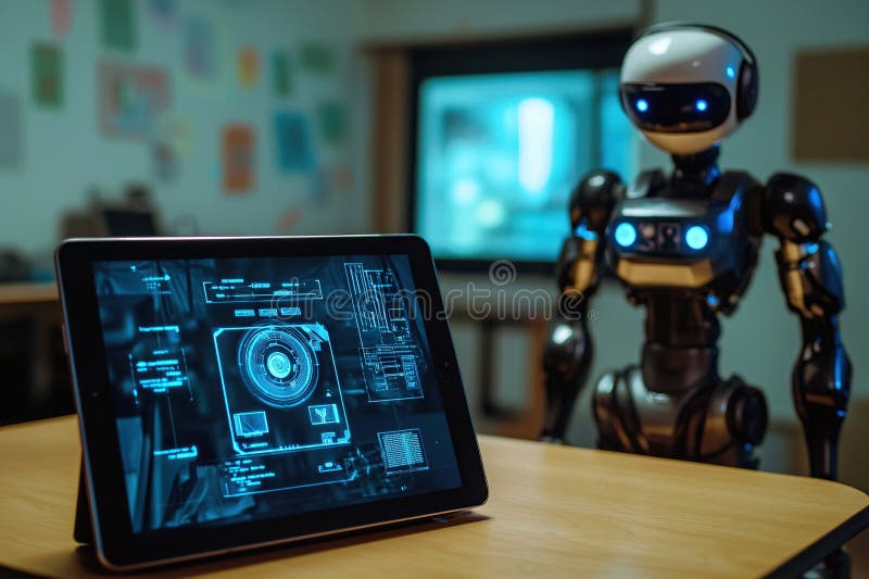 Tablet on a Classroom Desk and Futuristic Android Robot. Generative Ai ...