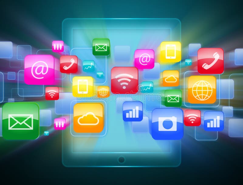 Tablet with Cloud of Colorful Application Icons Stock Illustration ...