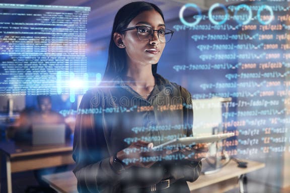 Tablet, Code Hologram and Business Woman in Data Analysis, Digital ...