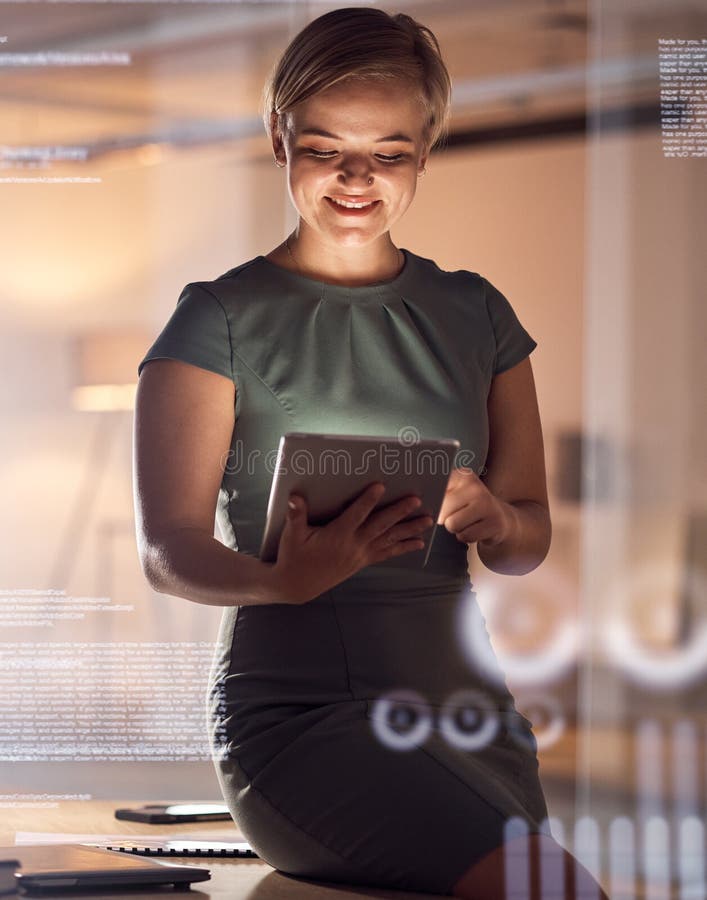 Tablet, Coding or Abstract for Business Woman in Night Office for Data ...