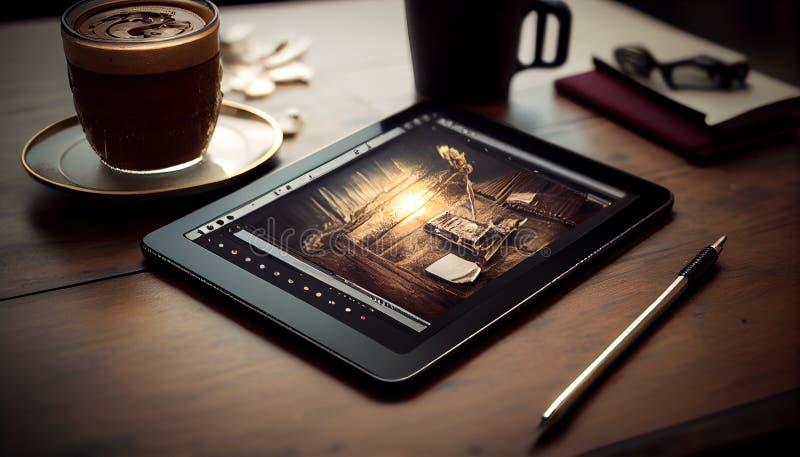 Tablet with Coffee Drink in Workplace Scene ,generative AI Stock ...