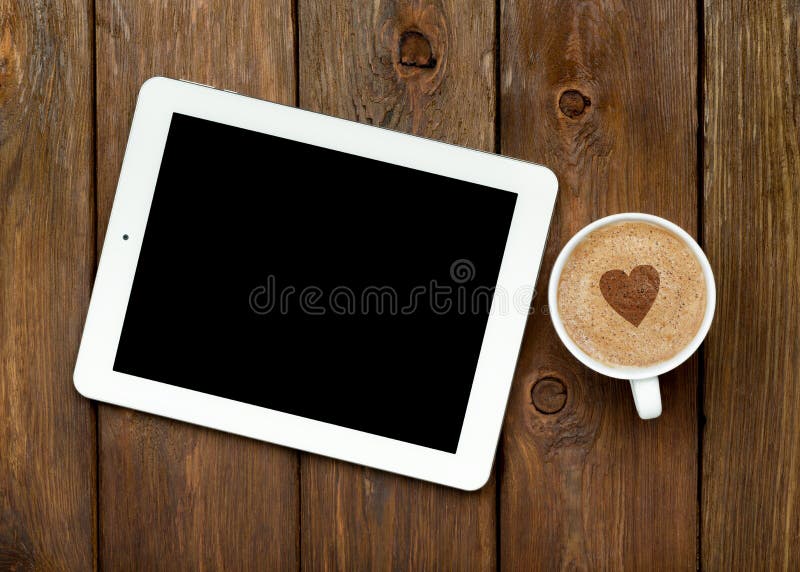 Tablet and Coffee on a Wooden Table Stock Image - Image of espresso ...