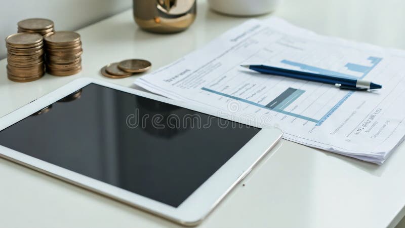 Tablet, Coins, Charts, and Pen on White Surface Stock Illustration ...