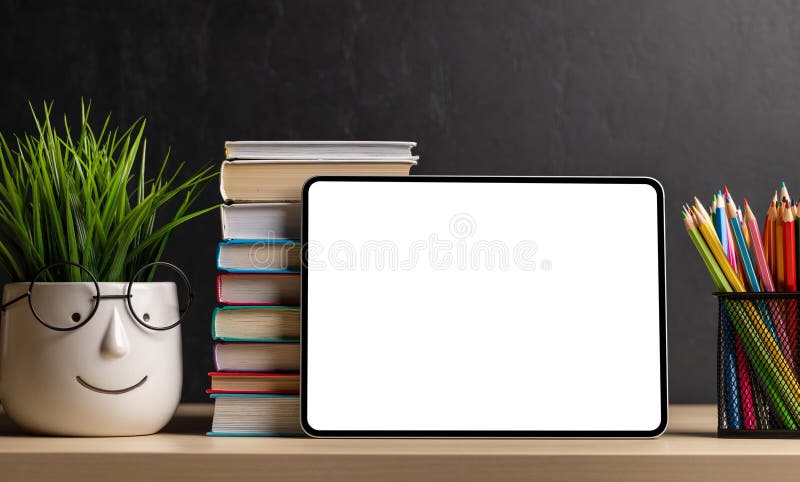 Tablet with Colorful Pencils and Stack of Books Stock Image - Image of ...