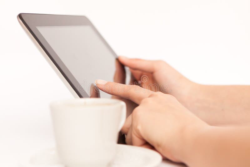 Workplace, Office Desk: Coffee and Tablet Pc and Notebook with P Stock ...