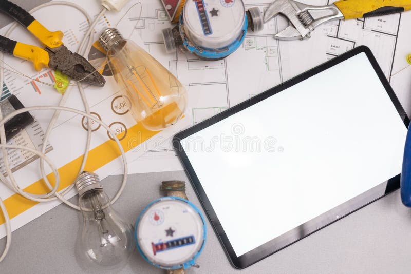 Tablet Computer with Architecture and Construction Tools and Blueprints ...