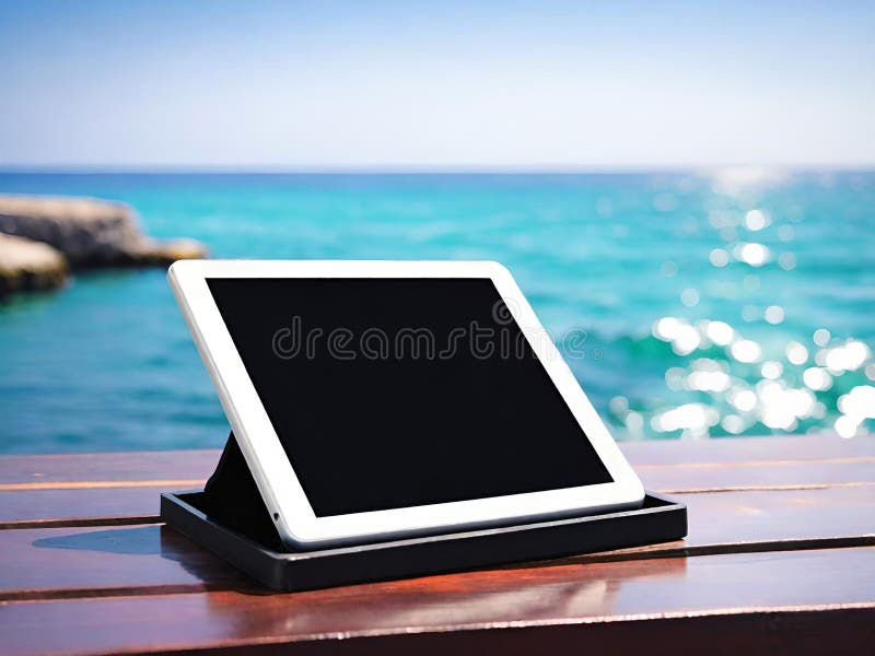 Tablet Computer on the Beach with a Wooden Deck Stock Illustration ...