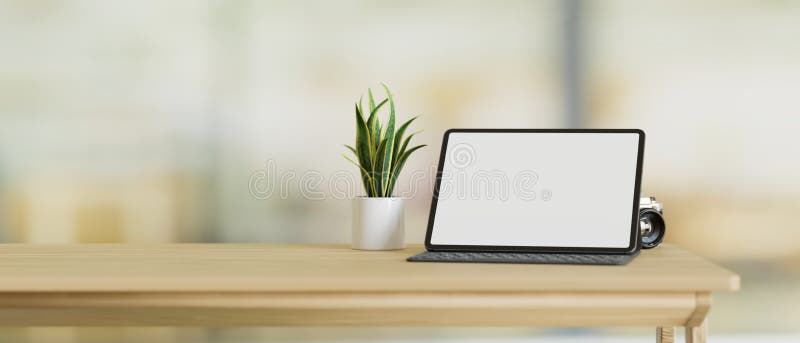 Tablet Computer Blank Screen Mockup Stand on Wood Table with Copy Space ...