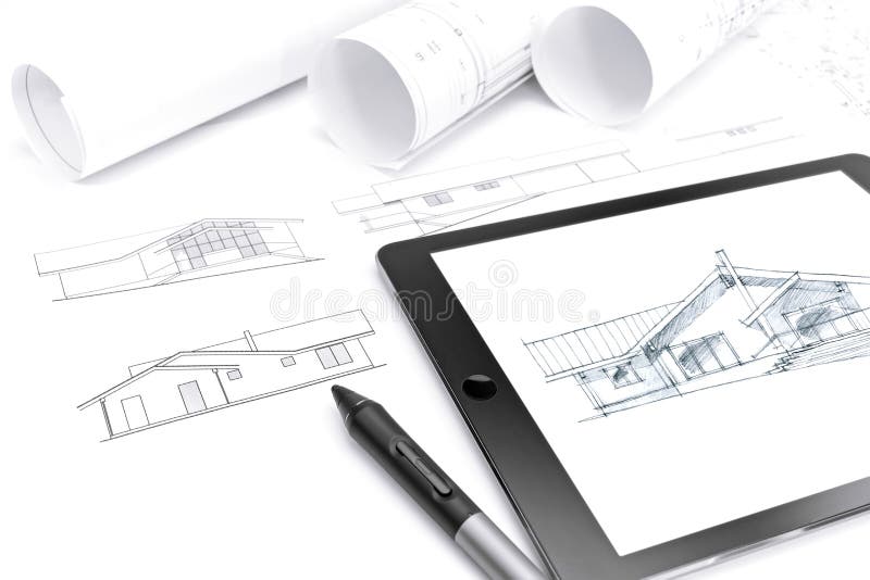 Tablet Computer with Blueprint and Rolls of Plans Stock Photo - Image ...