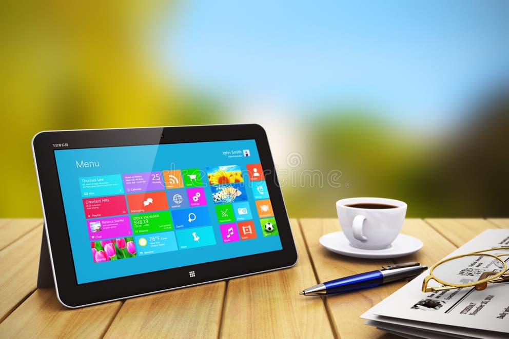 Tablet Computer with Business Objects on Wooden Table Outdoors Stock ...